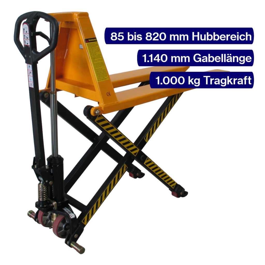 Scherenhubwagen – 1000 kg Tragkraft – 1140 mm Gabellänge – Hub bis 820 ...
